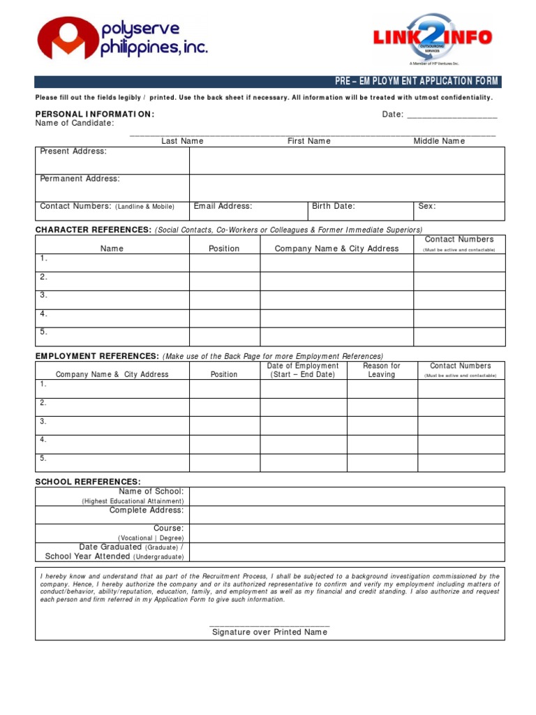 Personal Information:: Pre - Employment Application Form | PDF ...