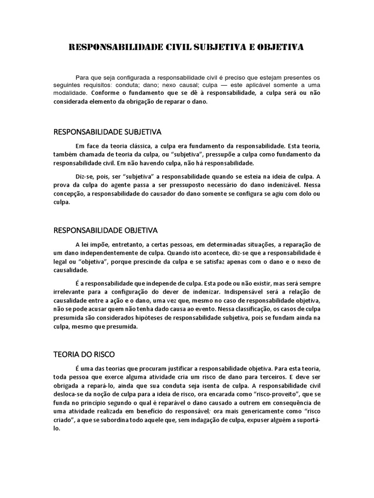 Responsabilidade Civil Subjetiva e Objetiva | PDF | Causalidade | Responsabilidade objetiva