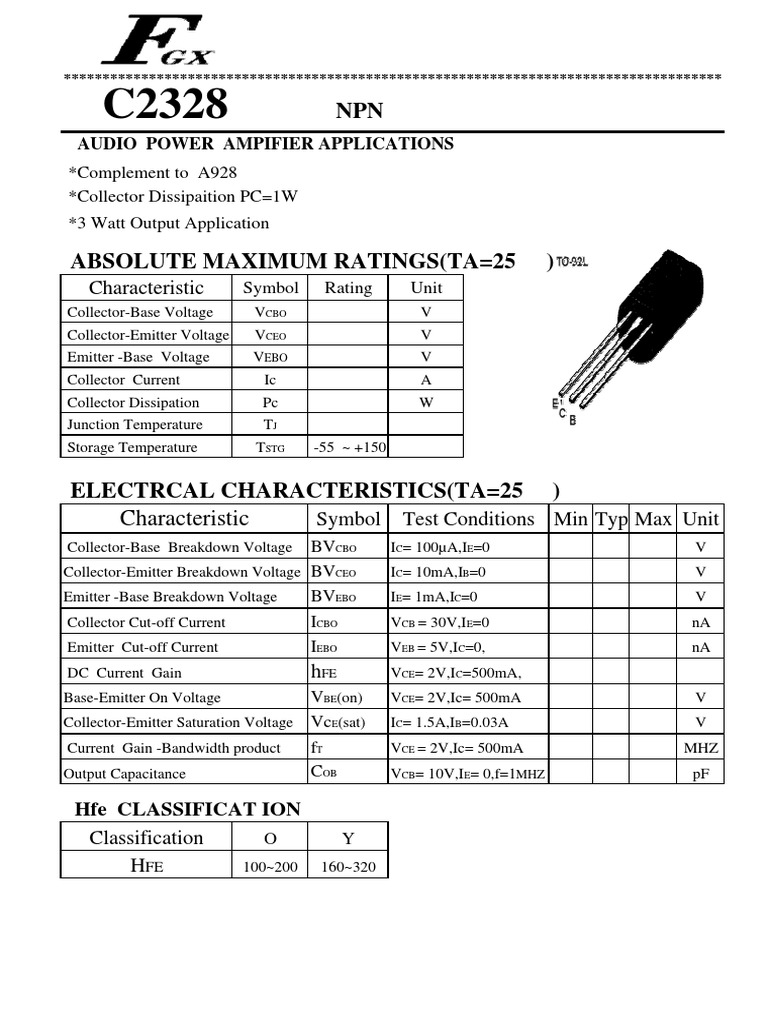 Specification Sheet for the C2328 NPN Epitaxial Silicon Transistor for ...