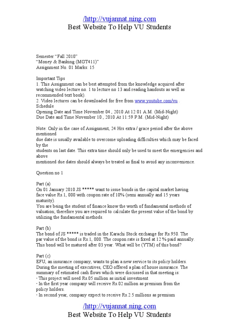 Vu Mgt411 Fall 2010 Assignment Guide Pdf Bonds Finance Present