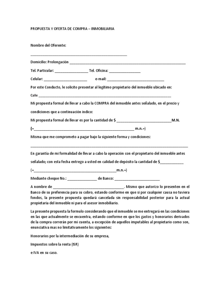 Propuesta y Oferta de Compra Venta Inmobiliaria | PDF | Bancos | Gobierno