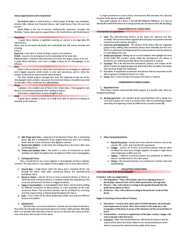 Dance Composition and Appreciation Guide | PDF | Musical Forms | Dances