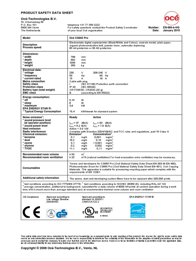 Product Safety Data Sheet Océ-Technologies B.V | PDF | Mains ...