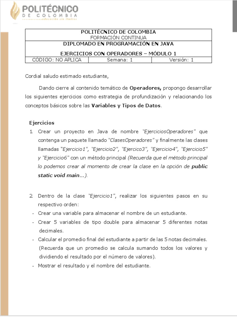 Módulo 1 - Ejercicios Operaciones | PDF | Java (lenguaje de programación) | Variable (informática)