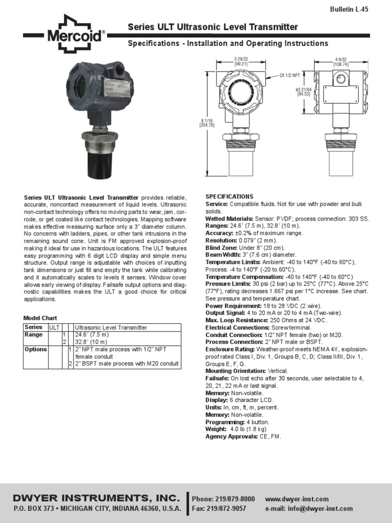 Series ULT Ultrasonic Level Transmitter: Specifications - Installation ...