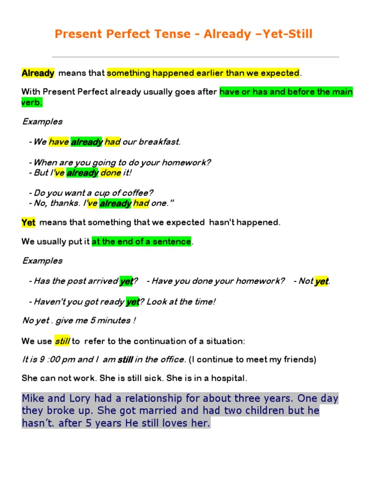 4 - Present Perfect Tense Still, Already, Yet | PDF