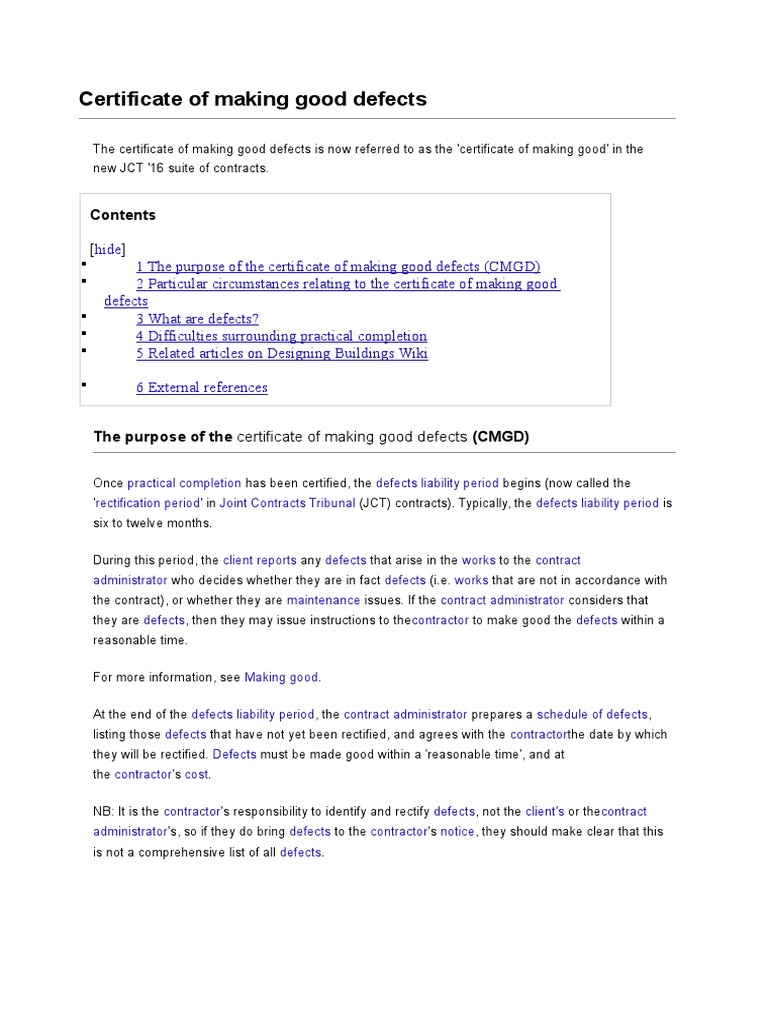 Certificate of Making Good Defects | Download Free PDF | Civil Law ...