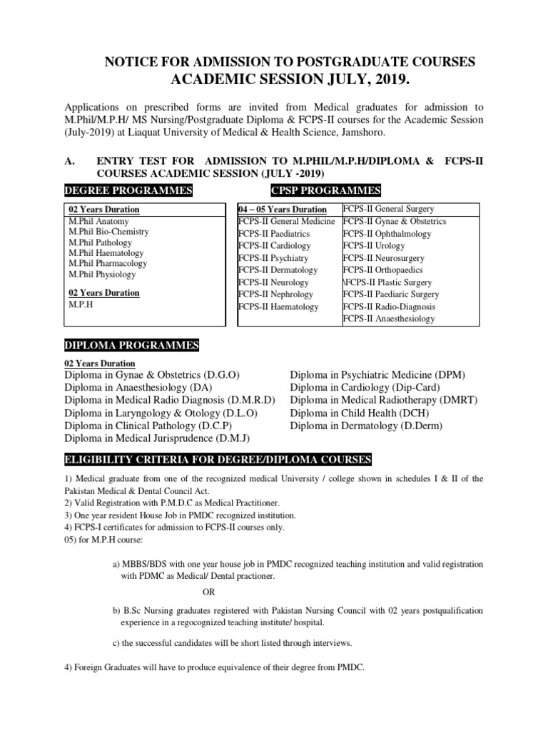 Academic Session July, 2019.: Notice For Admission To Postgraduate ...