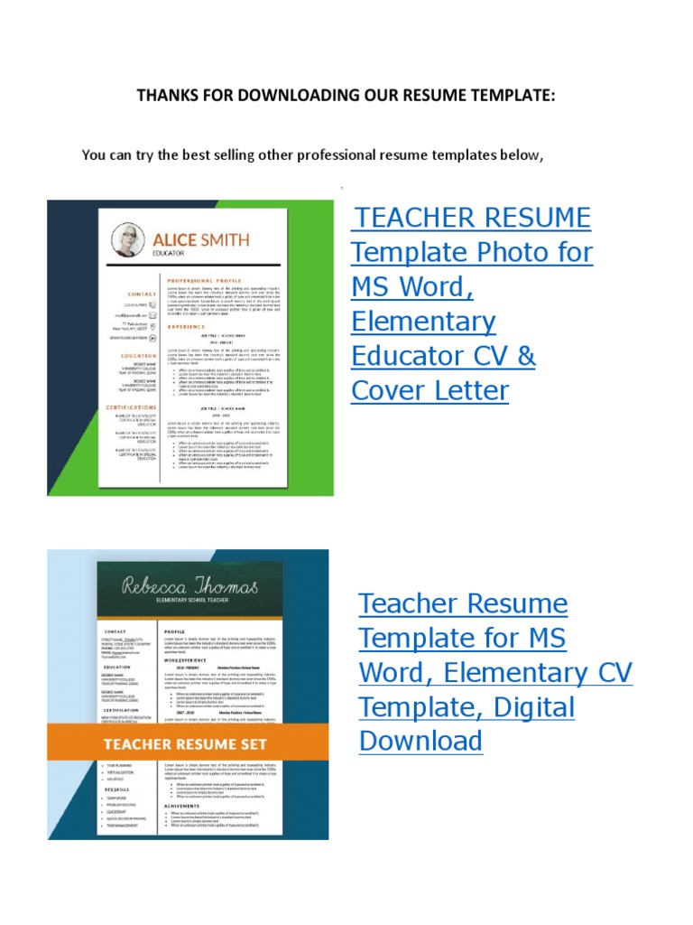 Teacher Resume Template Photo For MS Word, Elementary Educator CV ...