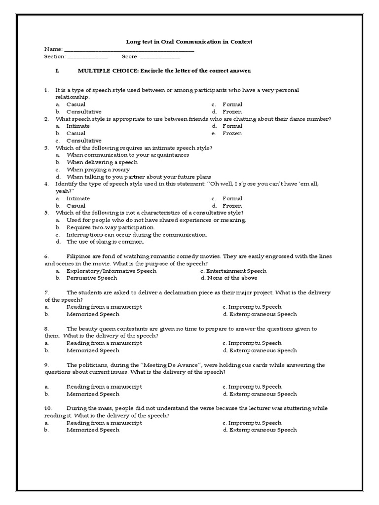 Oral Communication Test and Quiz Guide | PDF | Communication | Human ...