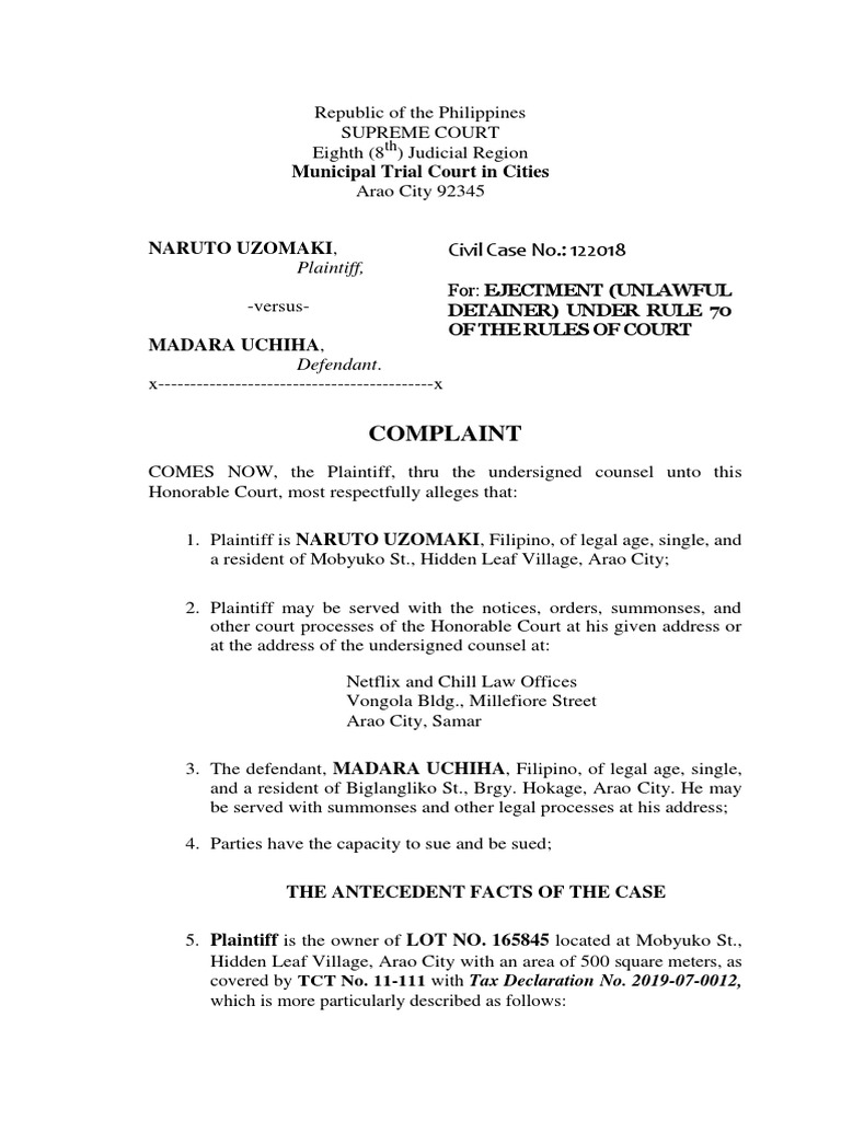 Sample Complaint Unlawful Detainer | PDF | Lawsuit | Complaint