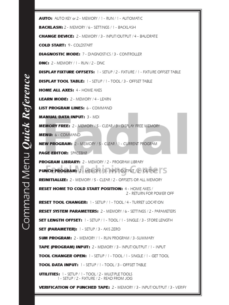 Fadal Command Menu Quick Reference | PDF | Feedback | Numerical Control