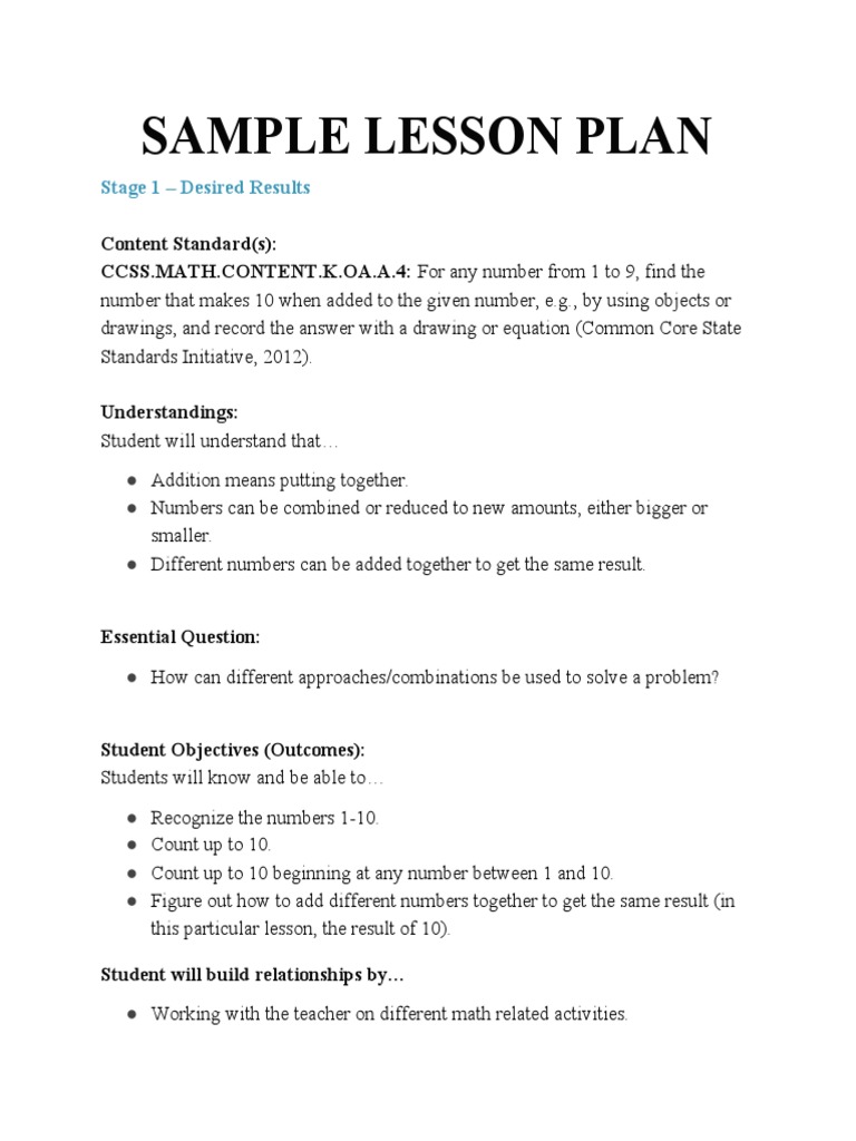 Sample Lesson Plan: Stage 1 - Desired Results | Download Free PDF ...