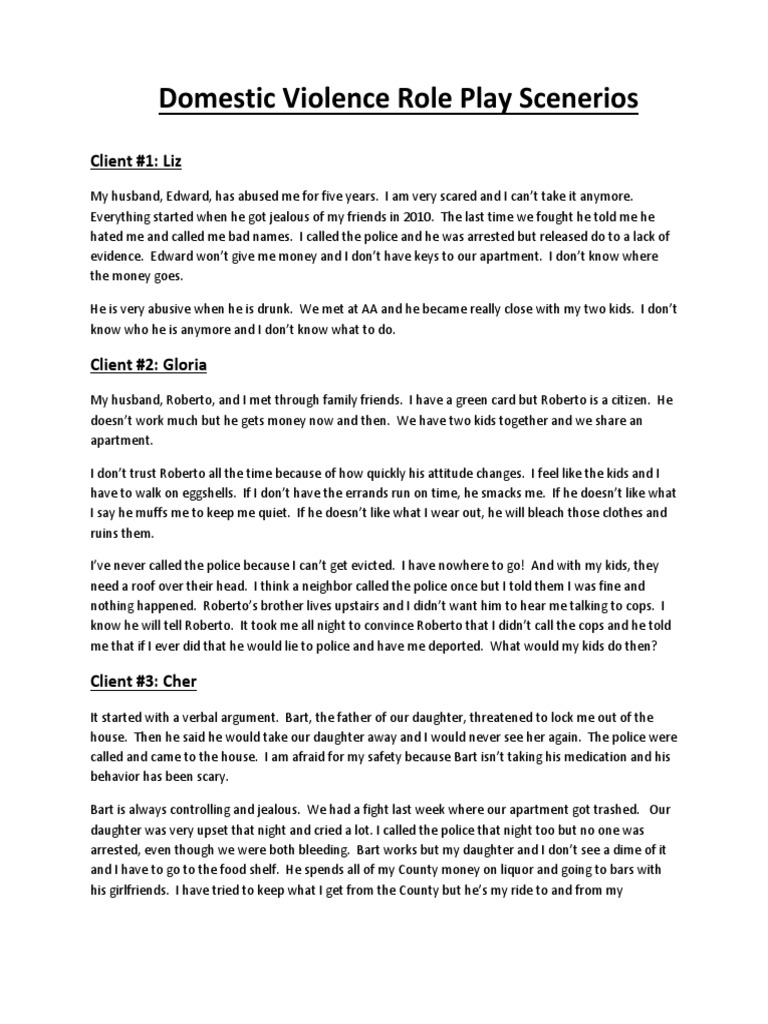 D Omestic Violence Role Play Scenerios: Client #1: Liz | PDF