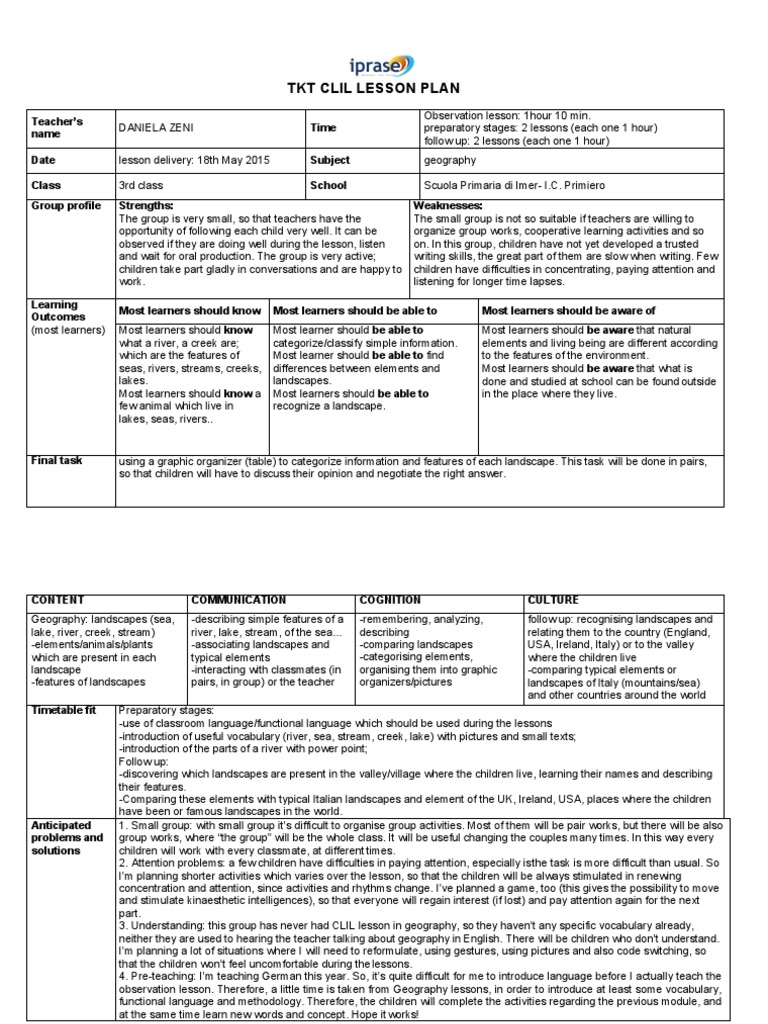 Clil Lesson Plan | PDF | Vocabulary | Stream