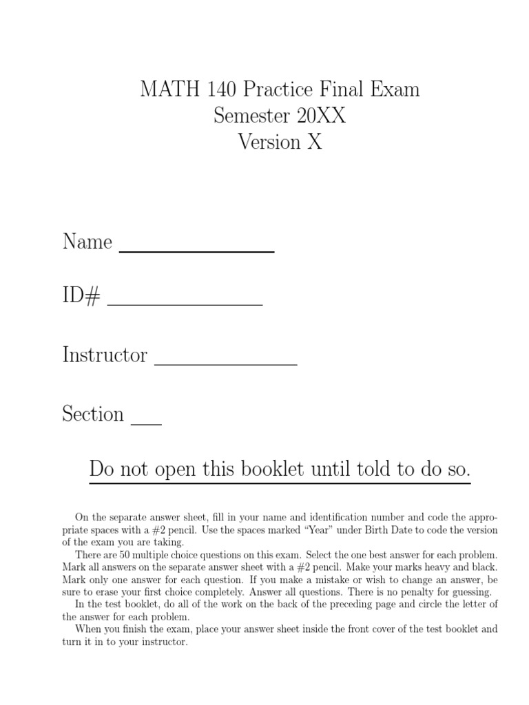 MATH 140 Practice Final Exam | PDF | Zero Of A Function | Function ...