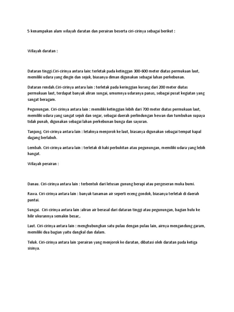 5 Kenampakan Alam Wilayah Daratan Dan Perairan Beserta Ciri | PDF