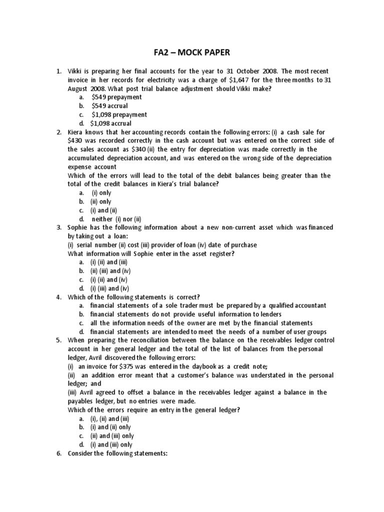 FA2 - Mock Paper | PDF | Debits And Credits | Bookkeeping