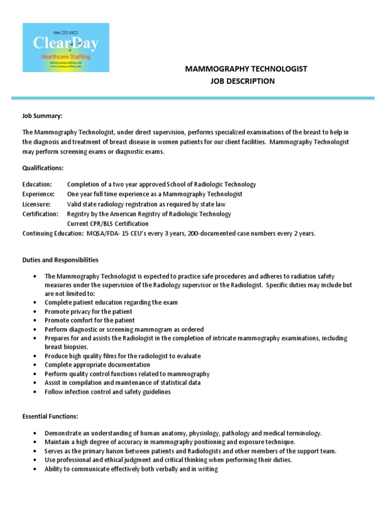 Mammography Technologist | PDF | Radiology | Mammography