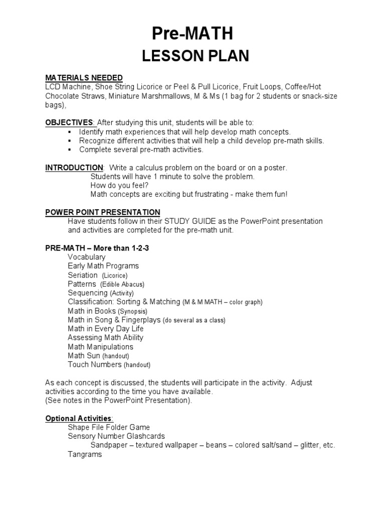 Pre-Math Lesson Plan | Download Free PDF | Concept | Experience