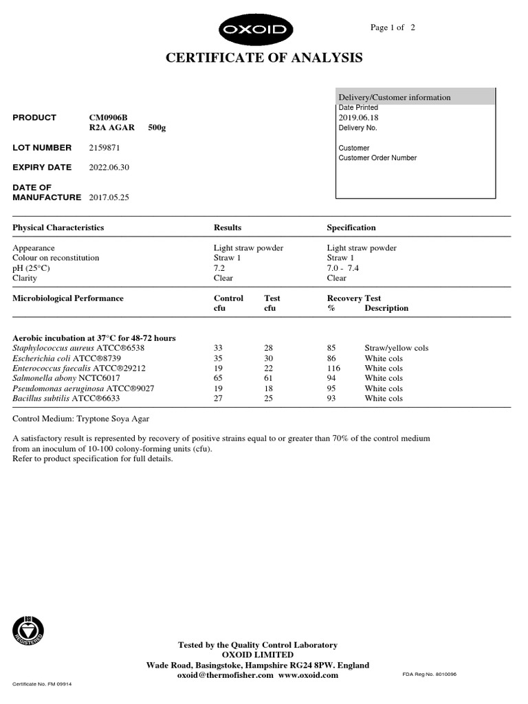 Certificate of Analysis: Product | Download Free PDF | Colony Forming ...