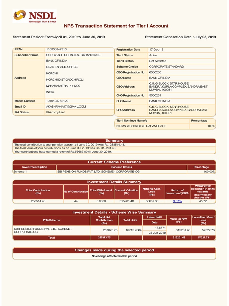 NPS Transaction Statement For Tier I Account | PDF | Tax Deduction ...