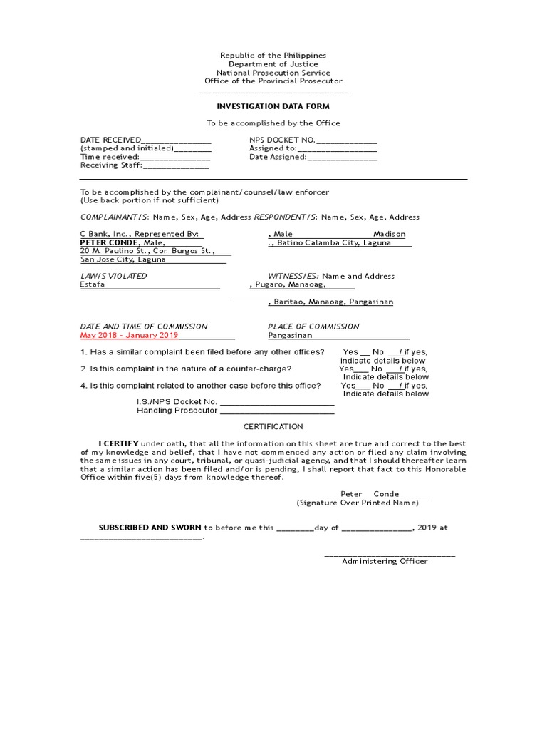 Investigation Data Form | PDF | Prosecutor | Complaint