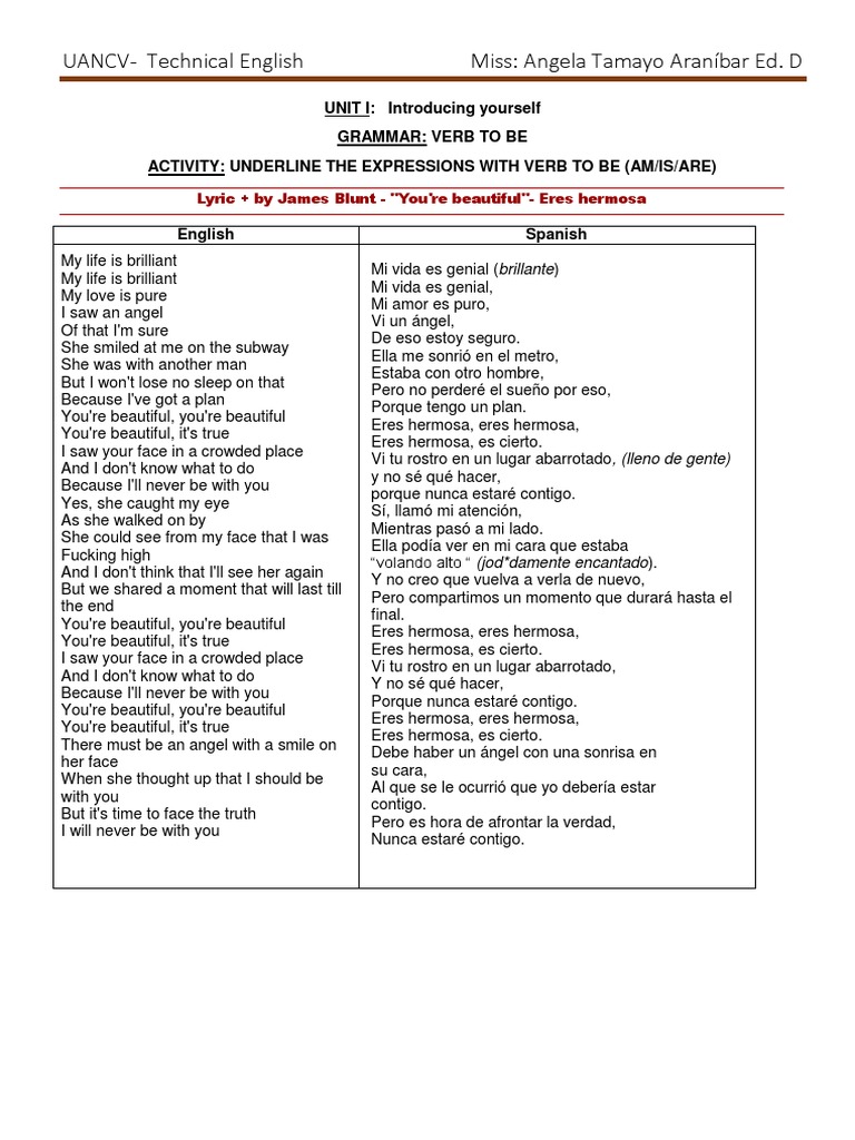 Song With VERB TO BE Unit 1 You Are Beautiful by James Blunt | PDF