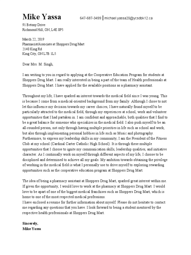 sdm cover letter-mike yassa | Pharmacy | Leadership
