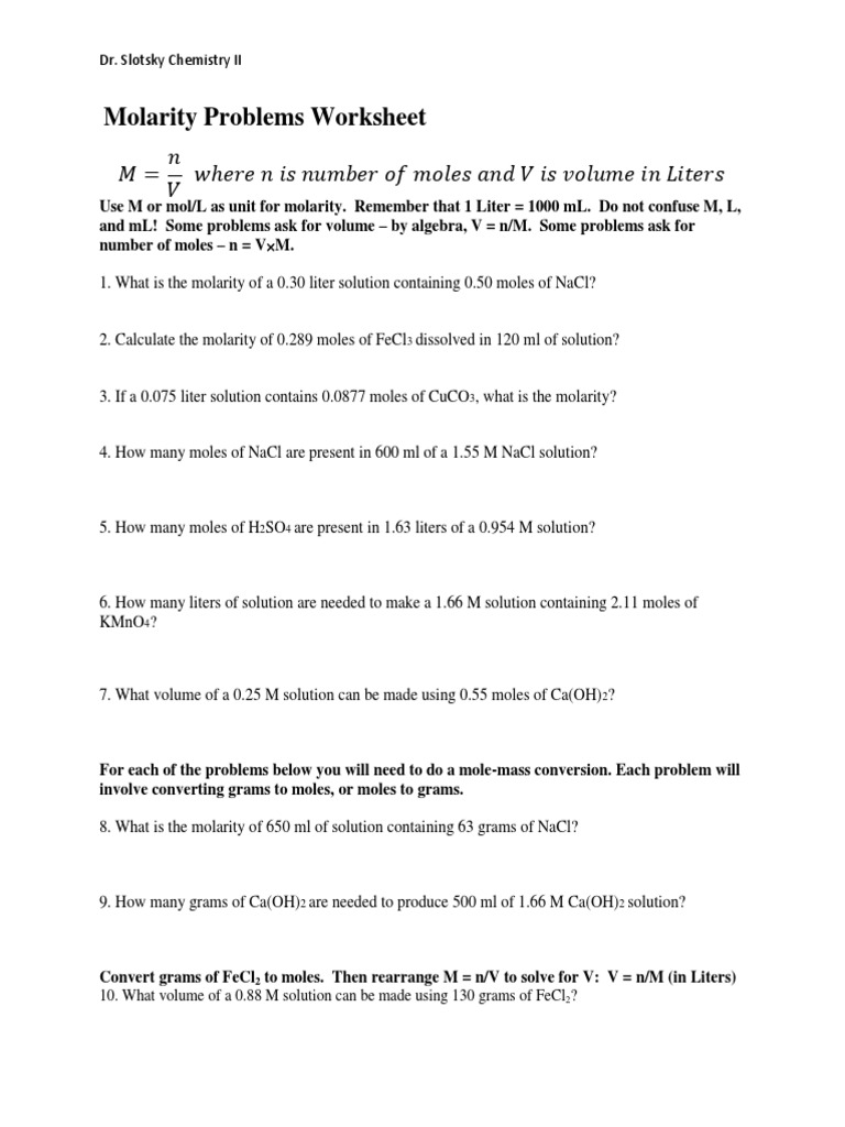 Molarity Problems Worksheet | PDF