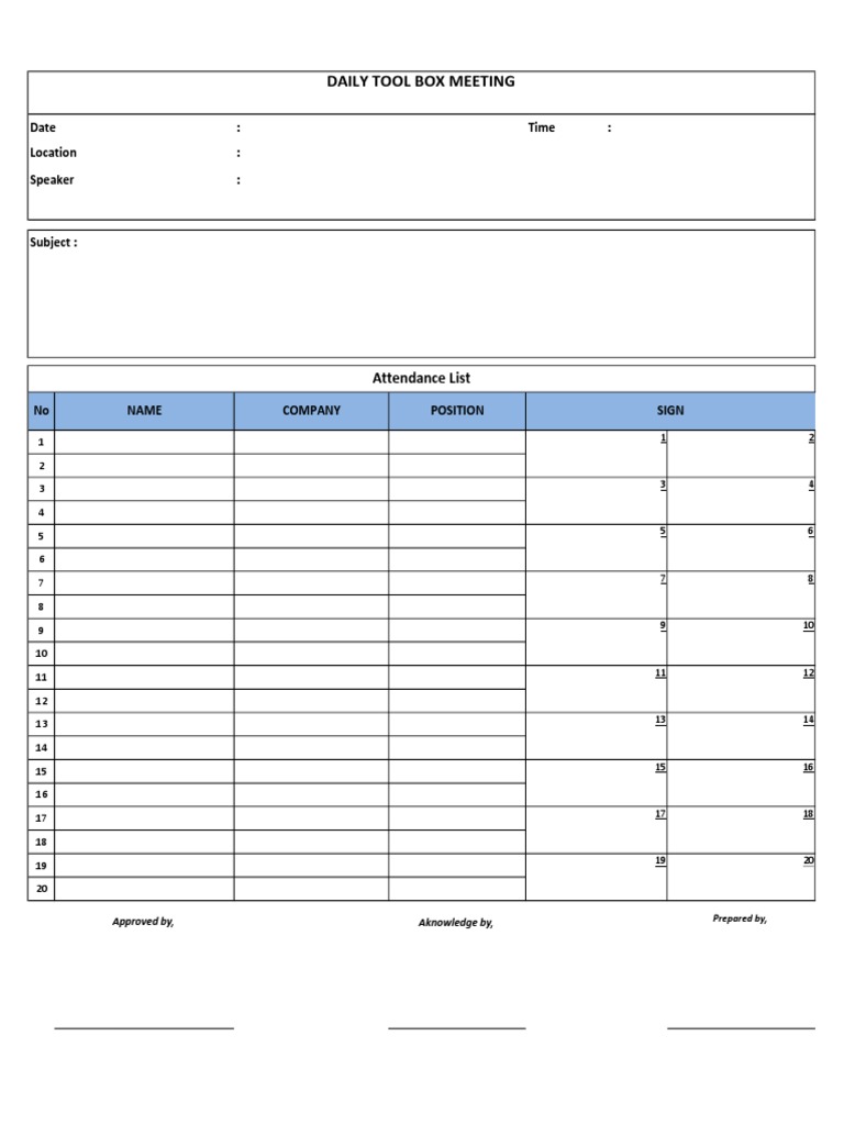 Ensuring Safety Through Communication: A Daily Toolbox Meeting and Attendance Record | PDF