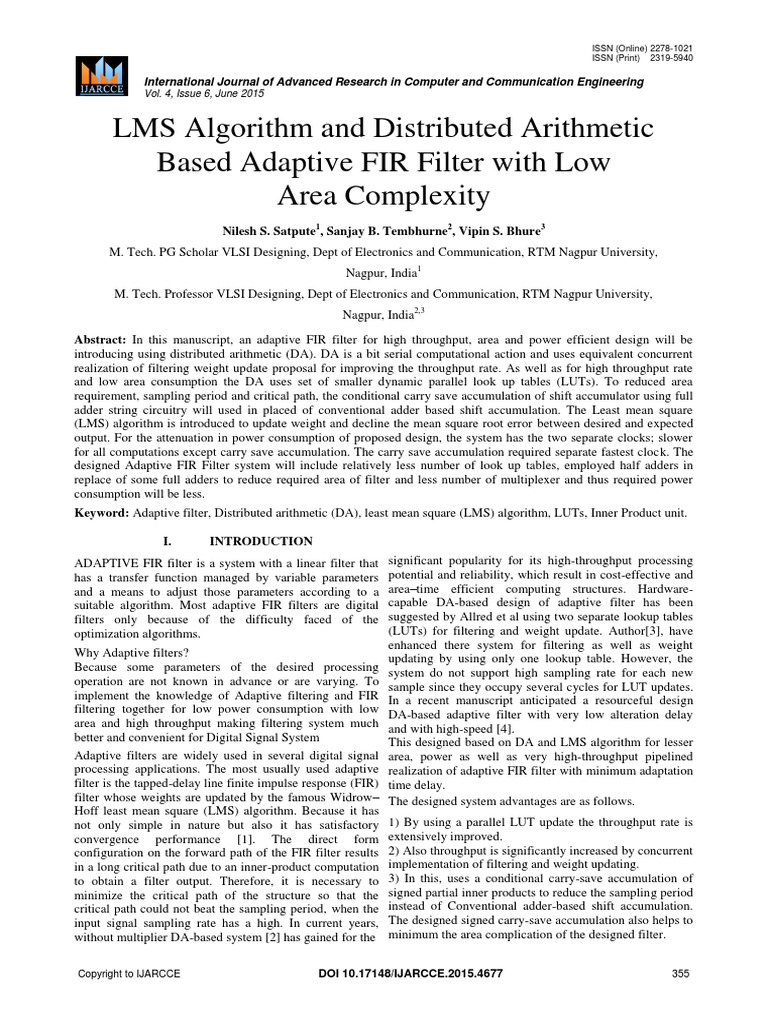 LMS Algorithm and Distributed Arithmetic Based Adaptive FIR Filter With Low Area Complexity ...