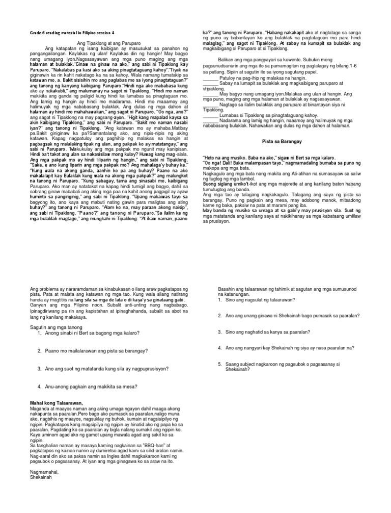 Grade 6 Reading Material in Filipino Session 4 | PDF