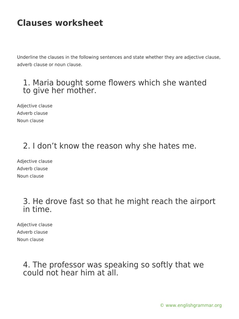 Clauses Worksheet | PDF | Adjective | Adverb