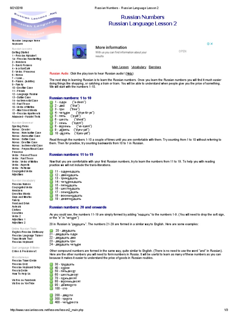 Russian Numbers - Russian Language Lesson 2 PDF | PDF | Grammatical ...