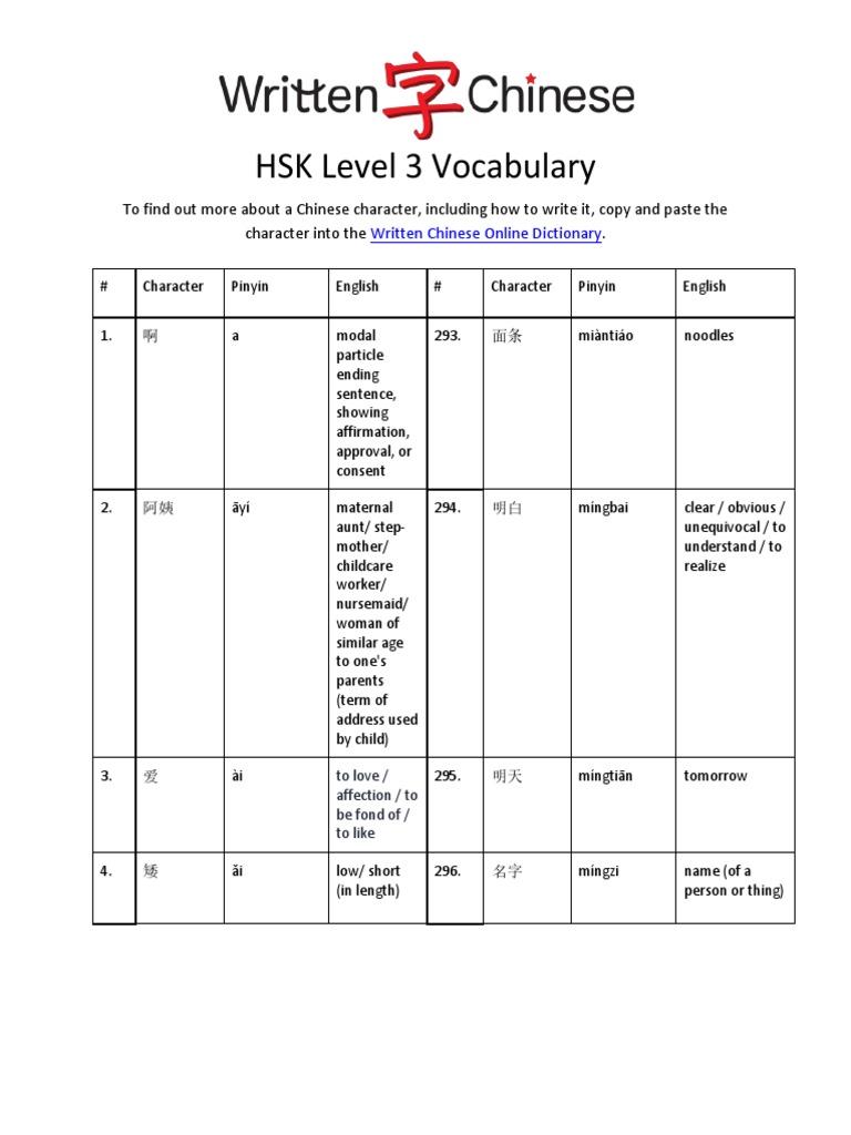 HSK Level 3 Vocabulary | PDF | Standard Chinese | Verb