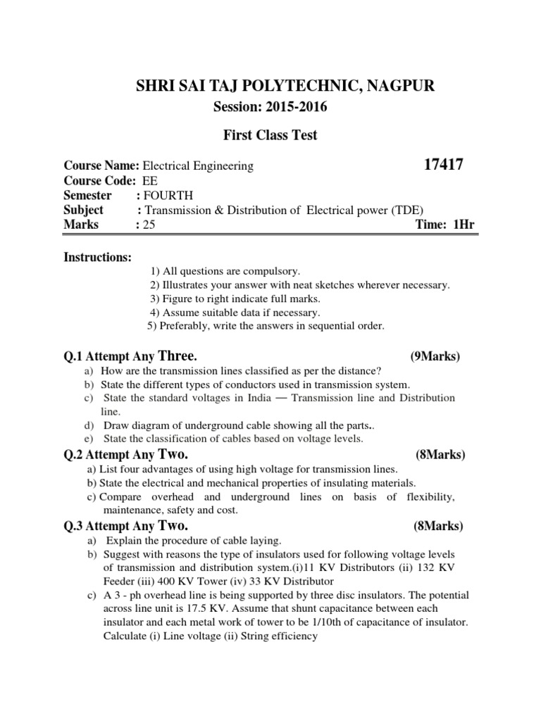 Shri Sai Taj Polytechnic, Nagpur: Session: 2015-2016 First Class Test | PDF