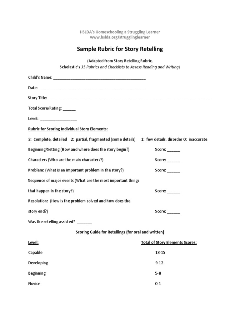 Story Retelling Assessment Rubric | PDF