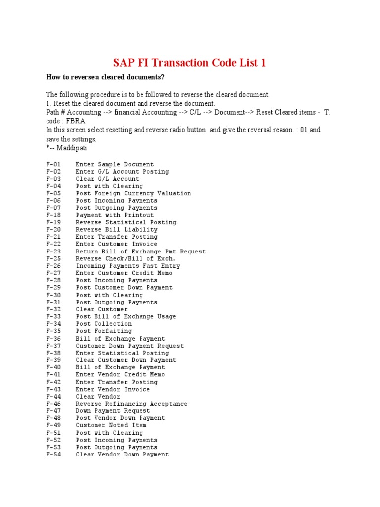 SAP FI Transaction Code List | PDF | Cheque | Payments