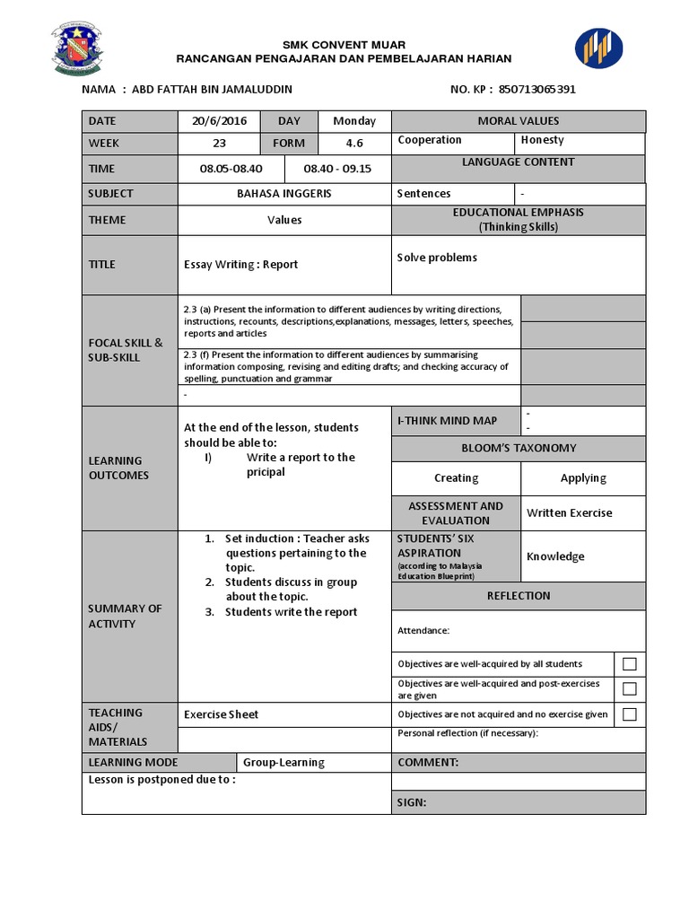 SMK Convent Muar Rancangan Pengajaran Dan Pembelajaran Harian ...