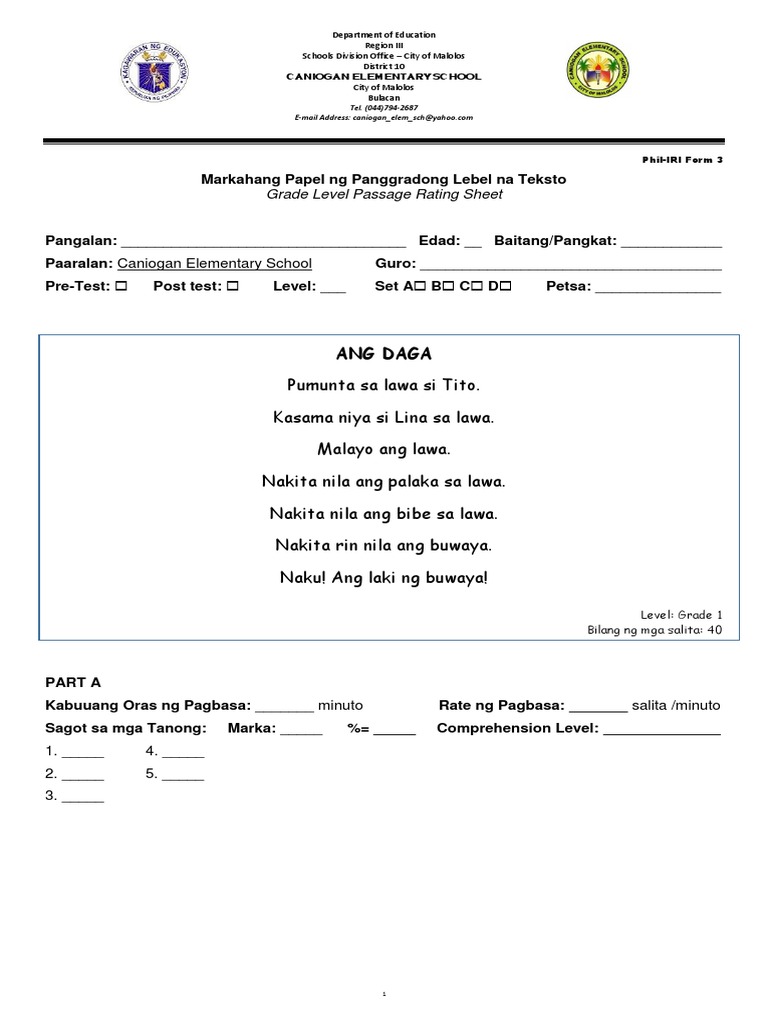 Phil-Iri Filipino Pre Test Form 3 and 4 | PDF