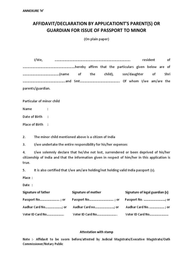 Affidavit for Minor Passport Application | PDF