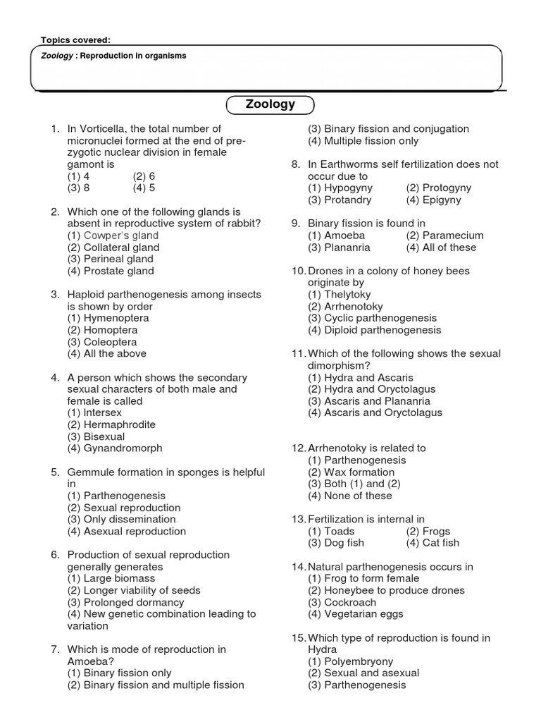 Reoproduction On Organisms MCQs With Key | PDF | Reproduction | Sexual ...