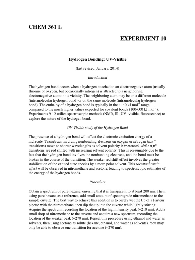 Chem 361 L Experiment 10: Hydrogen Bonding: UV-Visible | PDF | Hydrogen ...
