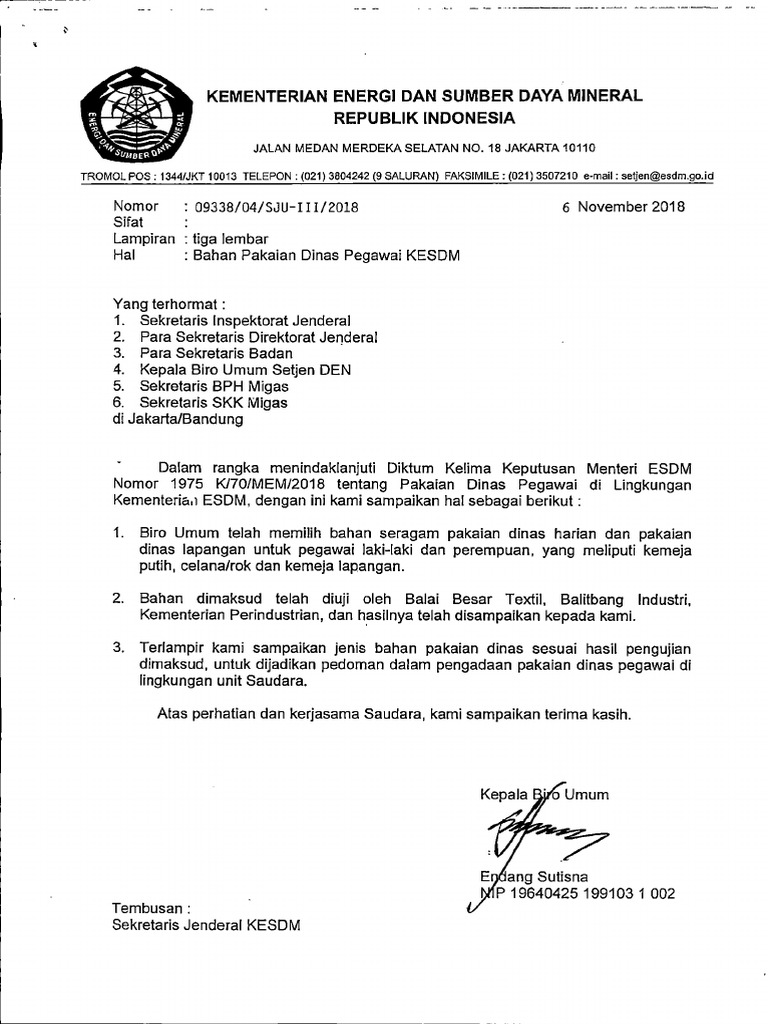 Nota Dinas Bahan Pakaian Dinas KESDM | PDF