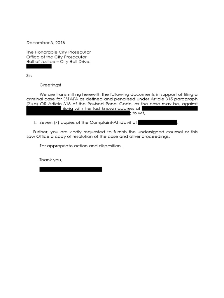 Estafa Case Filing Documents | PDF