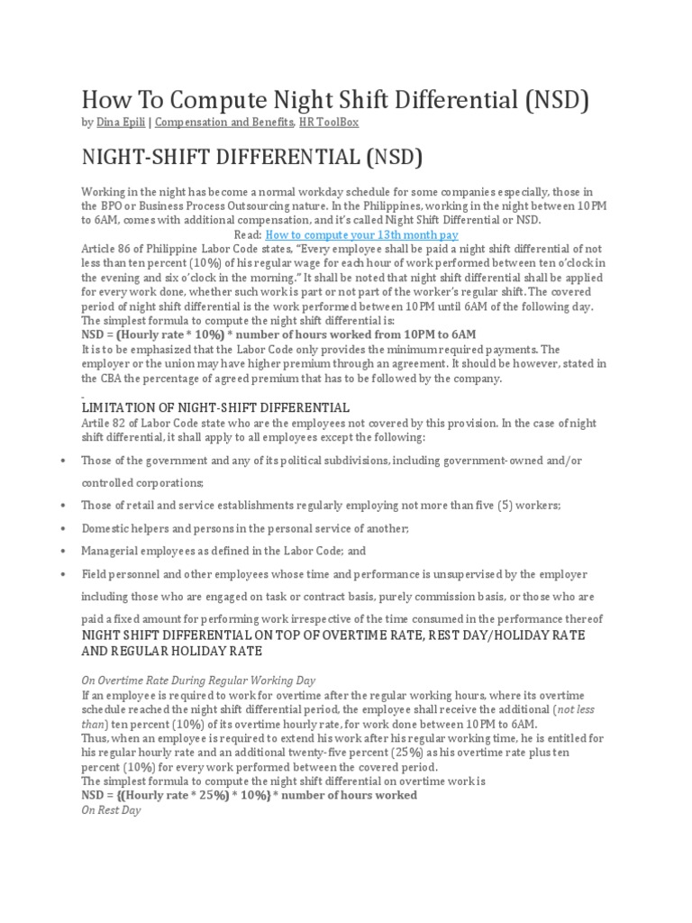 How To Compute Night Shift Differential | PDF | Overtime | Working Time