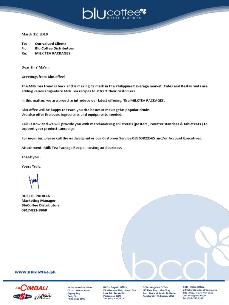 To: Our Valued Clients FR: Blu Coffee Distributors Re: Milk Tea ...