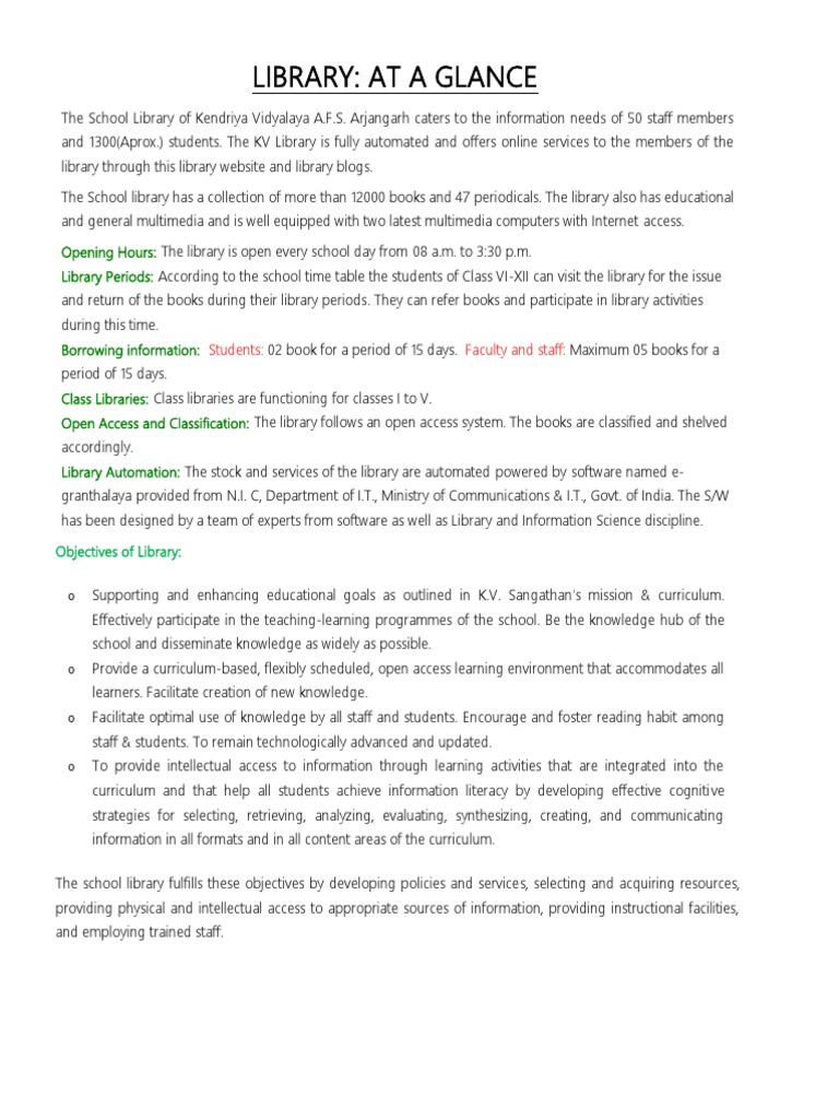 Library: at A Glance: Opening Hours: Library Periods | PDF | School ...