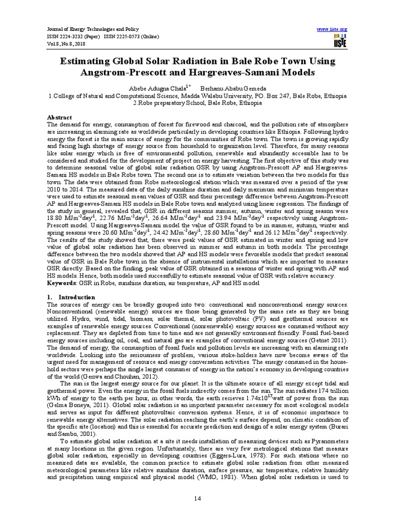 Estimating Global Solar Radiation in Bale Robe Town Using Angstrom ...